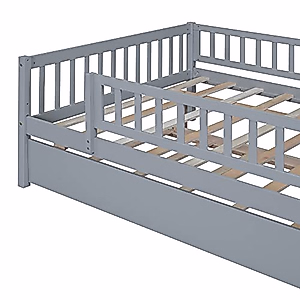 P PURLOVE Full Daybed with Trundle, Daybed Frame with Fence Guardrails, Wood Daybed for Boys, Girls and Young Teens, No Box Spring Needed (Gray)