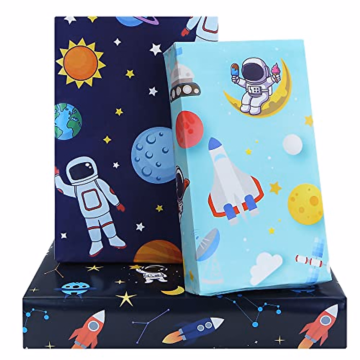 Birthday Wrapping Paper 6 Sheets Gift Wrap 20 x 30 inches per sheet (Folded Flat 6 sheets in 3 Designs: 26 sq. ft. ttl.), Astronaut Solar System Planets Rocket Alien Galaxy Pattern- for Space Lover Boys Kids Baby Shower Kindergarten Party