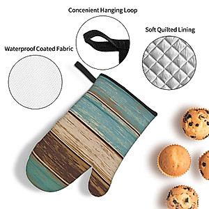 Nautical Vintage Wood Oven Mitts and Pot Holder Set - Retro Blue Ocean Rustic Oil Print Theme Hot Pad Waterproof Heat Resistant Kitchen Microwave Gloves for Cooking BBQ Baking Grilling