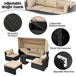 MAGIC UNION 7 Pieces Patio Furniture Sets Daybed with Retractable Canopy, Outdoor Rattan Sectional Sofa Set, Wicker Patio Seating Chairs with Adjustable Backrest for Backyard,Garden,Poolside (Khaki)