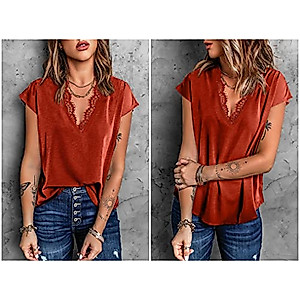 lime flare Women Sexy V Neck Lace Trim Satin T-Shirt Tops Dressy Silk Lacy Tank Tee Shirt (Red Eyelash Lace Short Sleeve,XXL)