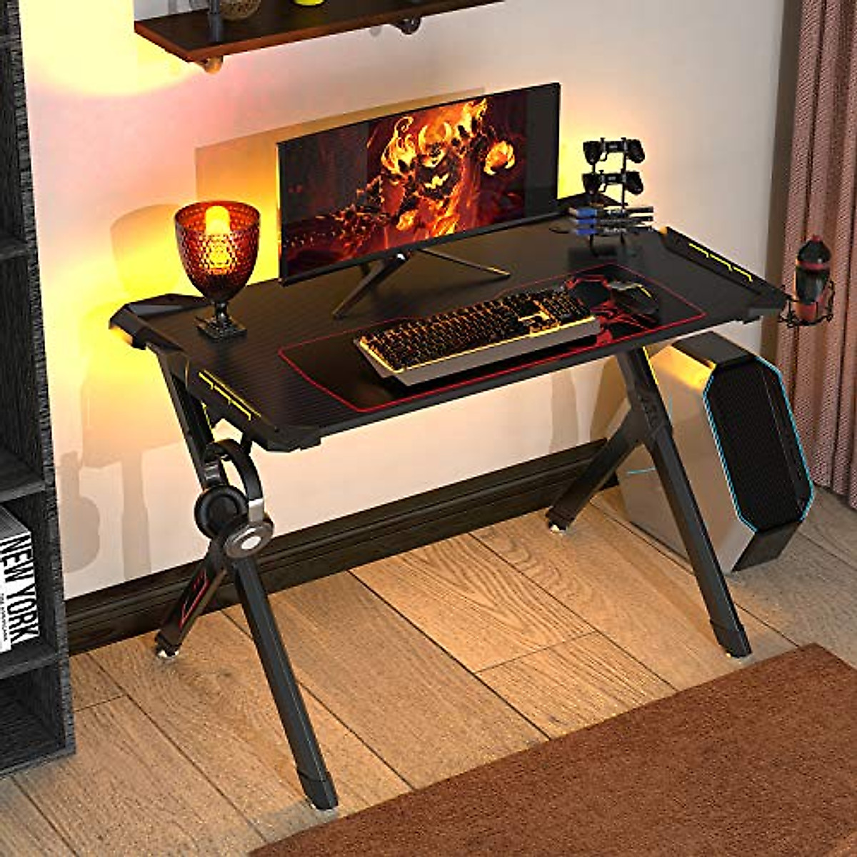 DESIGNA Gaming Desk with LED Lights, 44.8 inch Home Office Computer Desk with Free Mouse Pad, Ergonomic E-Sport Style Gamer Desk with USB Handle Rack, Cup Holder & Headphone Hook,Black