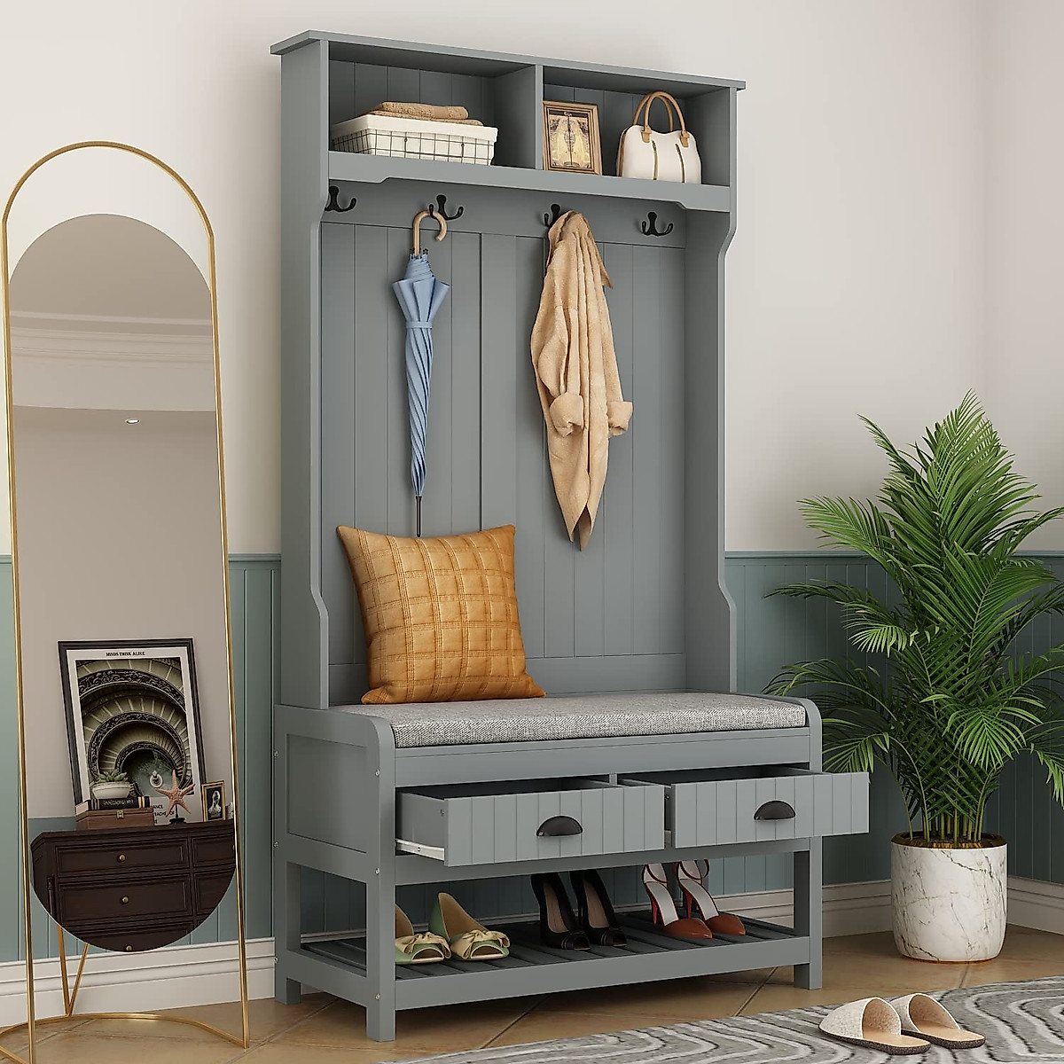 Homsee Modern Hall Tree with Storage Bench, 4-in-1 Entryway Bench with Coat Rack, Tall Hall Tree with 4 Metal Double Hooks, Shelves & 2 Drawers for Hallway, Living Room, Grey
