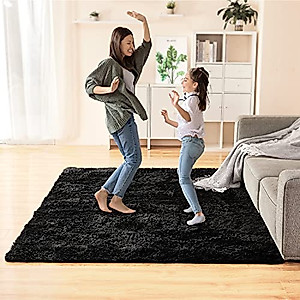 LFHHT Modern Indoor Fluffy Area Rug 5x7 Feet, Black Plush Fuzzy Shaggy Rugs for Living Room Bedroom Nursery Dorm Room Home Decor, Carpet Shag Rugs for Kids Girls Boys, Black