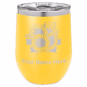 LaserGram Double Wall Stainless Steel Wine Glass Tumbler, Sunflowers, Personalized Engraving Included (Yellow)