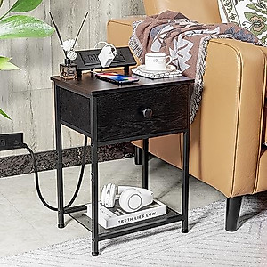 AMHANCIBLE Night Stand Set 2, Small Black Nightstand with Charging Station, End Side Tables Living Room with USB Ports & Outlets, Slim Bedside Table with Drawers for Bedroom HET03SDPBK