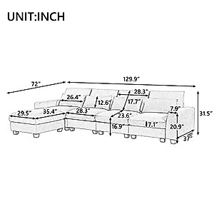 L-Shaped Corner Modular Down Feather Filled Sectional Sofa with 4 Waist Pillows and Movable Ottoman/Chaise, Deep Seat Upholstered Reversible Cushions Couch for Home Office Apartment Living Room Sets