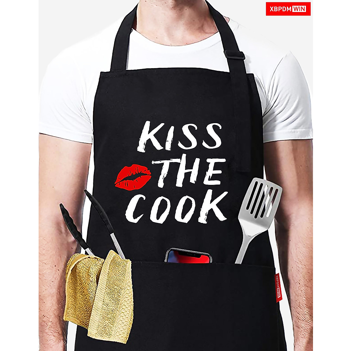 XBPDMWIN Kiss the Cook Apron Men - Funny BBQ Grill Apron for Cooking Enthusiasts - Adjustable Apron with 2 Pockets for Adult/Men/Women (Black)