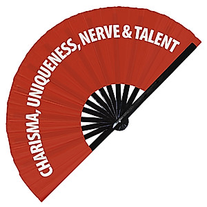 Charisma, Uniqueness, Nerve & Talent Hand Fan Foldable Bamboo Circuit Hand Fan Funny Gag Slang Words Gifts Festival Accessories Rave Handheld Circuit Event Fan Clack Fans (Red)