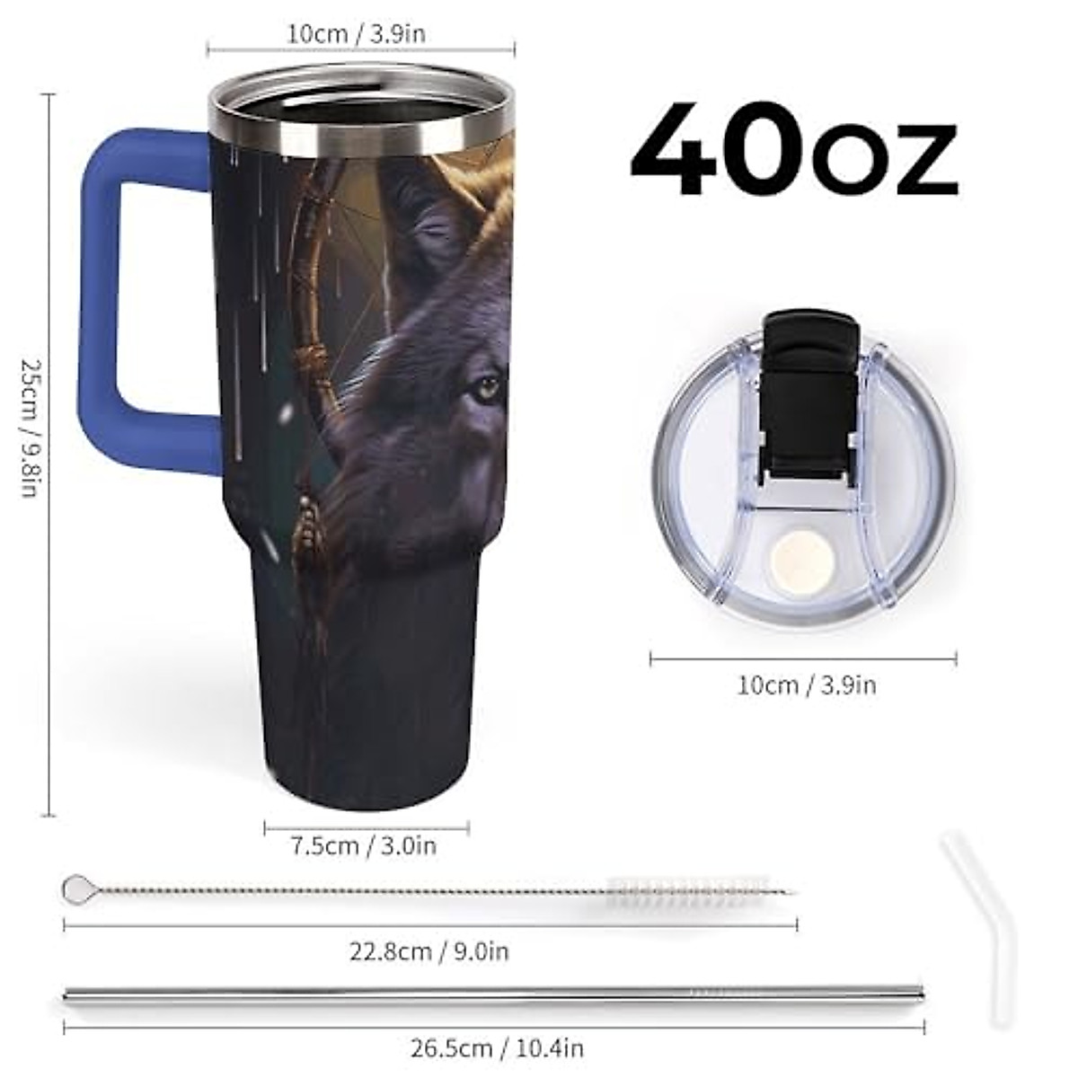40 Oz Vacuum Tumbler with Deep Blue Handle Leakproof Insulated Tumbler Wolves And Dream Catchers Stainless Steel Travel Mug with Lid And Straw Coffee Cup Cute Water Bottles Cup Holder Friendly