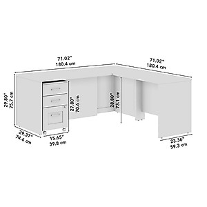 Bush Business Furniture Hampton Heights 72W x 30D Executive L-Shaped Desk with 3 Drawer Mobile File Cabinet in White | Storage for Home Office Workspace