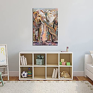 OuElegent Elephant Painting Canvas Wall Art Elephant Couple Graffiti Art Print Wlidlife African Animal Pictures Love Artwork for Home Living Room Bedroom Framed Ready to Hang