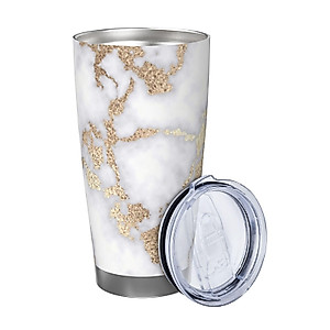 Modern Chic White Gold Foil Marble 20oz Tumbler Stainless Steel Vacuum Insulated Coffee Travel Mug Durable Insulated Coffee Travel Mug with Splash-Proof Lid Metal Straw and Brush Thermal Cup Outdoor