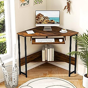 Tangkula Corner Desk with Keyboard Tray, 90-Degree Triangle Corner Computer Desk for Small Space, Industrial Writing Desk with Storage Shelf, Space-Saving Laptop PC Desk (Rustic Brown)