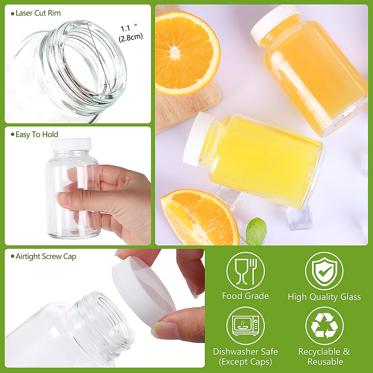 BPFY 12 Pack 4 oz Glass Juice Shot Bottles with Caps, 120 ml Empty Wellness Shot Glass Bottles, Reusable Clear Glass Bottles with Lids for Juice, Ginger Shots and Homemade Beverages