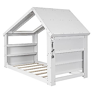 MERITLINE Twin House Bed for Kids Montessori Floor Bed with Roof Window, LED Light, No Box Spring Needed, for Girls Boys (Twin Size, White)