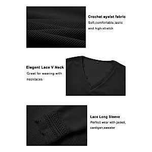 Trendy Queen Womens Fall Tops 2023 V Neck Lace Crochet Long Sleeve Blouses Teacher Outfits Ribbed Knit Sexy Casual Boho Clothes Fashion Tunic Tops A-Black