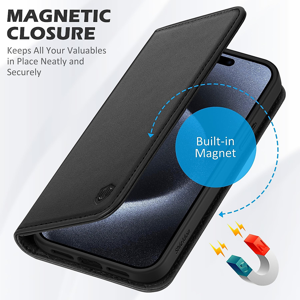 SHIELDON Case for iPhone 15 Pro 5G 6.1", Genuine Leather iPhone 15 Pro Wallet Case Flip Cover RFID Blocking Card Slots Magnetic Closure Shock-Absorbent Case Compatible with iPhone 15 Pro 2023 - Black