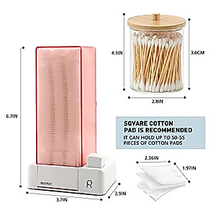 Cotton Pad Dispenser Square Automatic Cotton Pad Holder Wall Mount Cotton Pad Dispenser with 2 Clear Jar Bathroom Canister for Qtip Cotton Ball Apothecary Swab Vanity Cosmetic Storage and Organizer