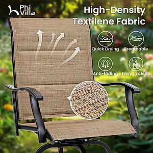 PHI VILLA Outdoor Swivel Bar Stools Set of 2, High Top Patio Chairs with Padded Textilene Seating, All-Weather Bar Height Furniture for Kitchen or Outside, Padded Brown Textilene