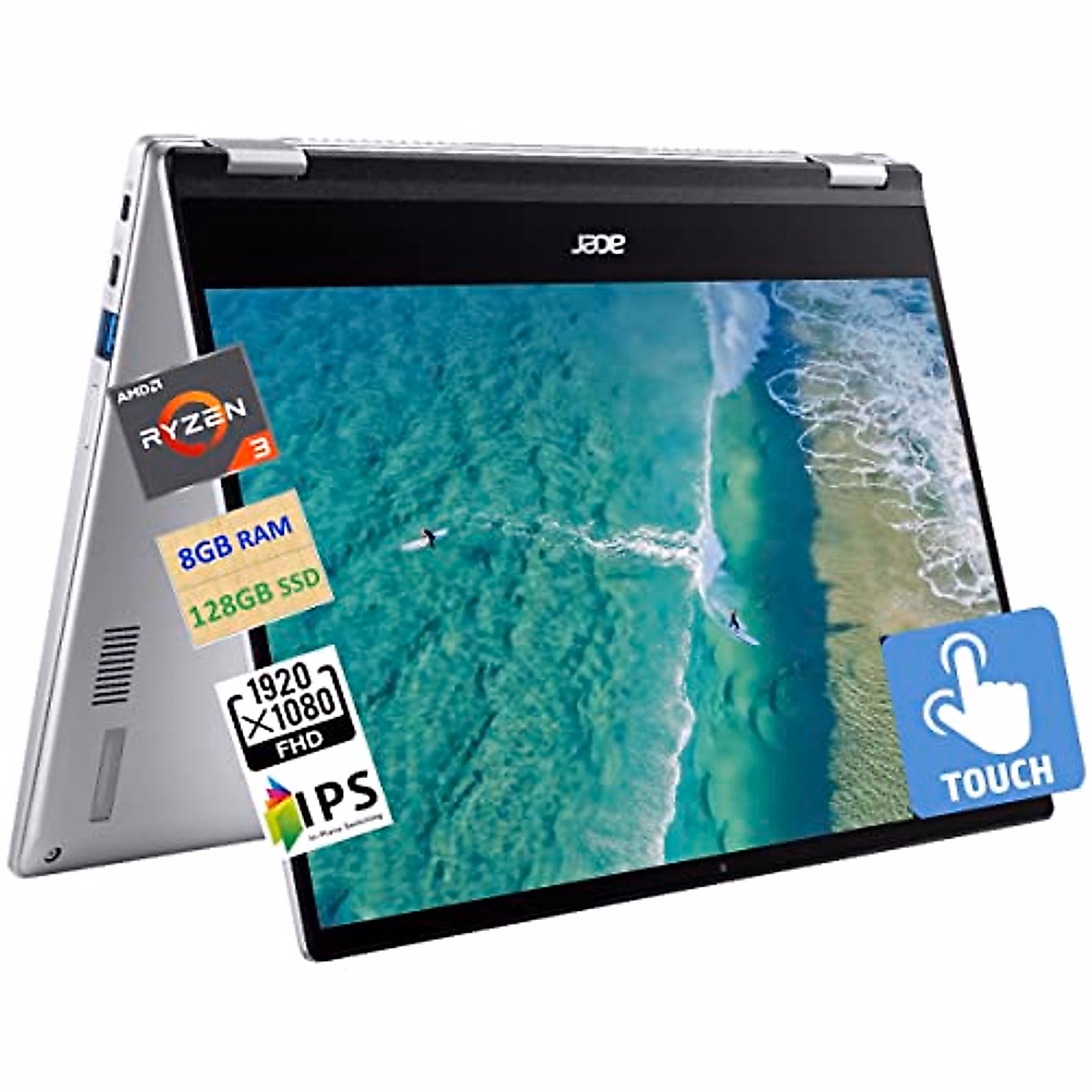 acer 2023 Newest Spin 514 2-in-1 Convertible Chromebook,AMD Ryzen 3 3250C (Up to 3.5GHz),14/'' FHD IPS Touchscreen,8GB RAM,128GB eMMC,WiFi,Backlit Keyboard,12+ Hours,Chrome OS +MarxsolCables,Silver