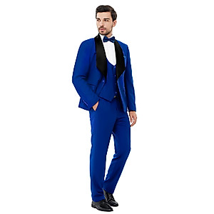 MAGE MALE Men's 3 Piece Suit Shawl Collar Slim Fit Elegant Tuxedo Solid One Button Wedding Party Blazer Vest Pants Set Royal Blue