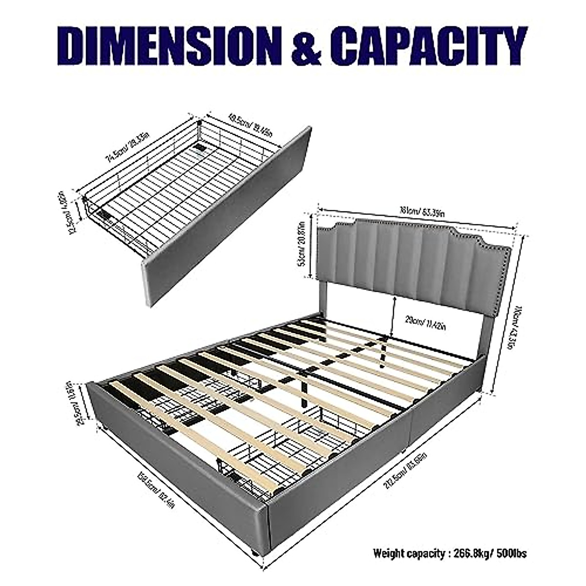 Queen Size Linen Upholstered Platform Bed Frame with 2 Big Drawers, Modern Rivets Design Platform Bed with Stitched Padded Headboard & Wood Slats Support for Bedroom, No Box Spring Needed (Grey)