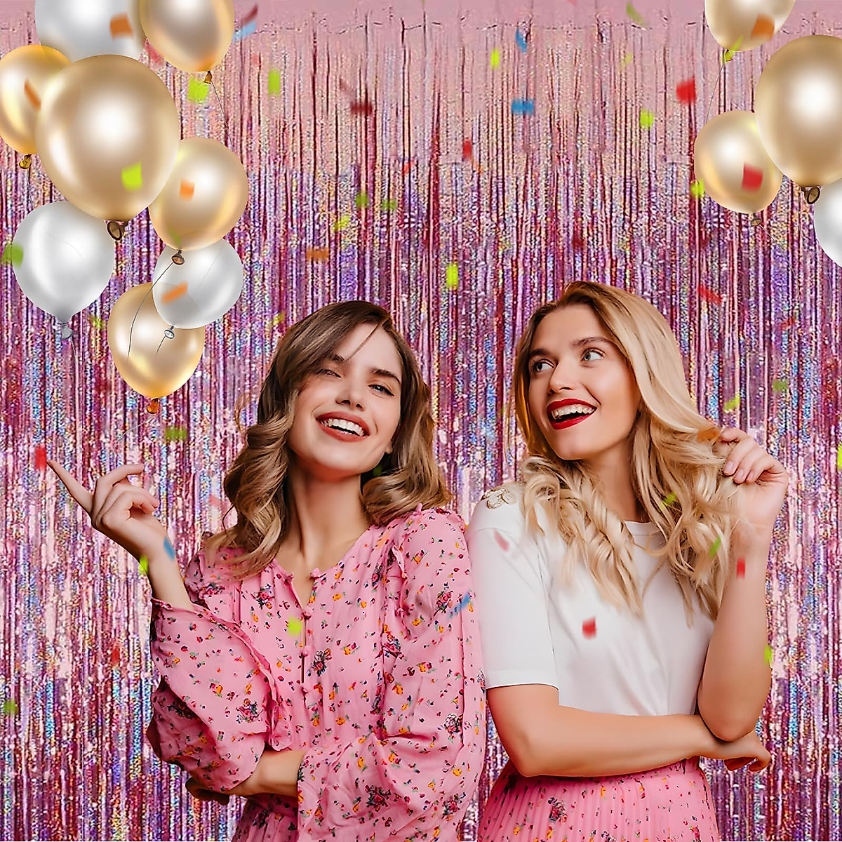 Nipeito-2 Packs Rose Gold Metallic Tinsel Foil Fringe Curtains-Glitter Foil Fringe Streamer Backdrop Curtain Door Streamers for Birthday Party Decorations,Engagement Party,Anniversary,Bridal Shower