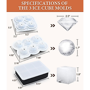 Dclobtop Ice Cube Trays and Ice Molds, Silicone Ice Cube Molds for Freezer with Lid, Diamond & Sphere Ice Ball Maker & Square Ice Cube Maker for Whiskey, Cocktails and Homemade, Reusable