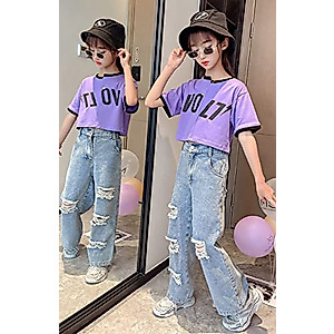 Kids Girls' Casual Wide Leg Baggy Ripped Jeans Cool Loose Fit Distressed Denim Pants Size 5-14 Years(Blue1,12-13 Years)