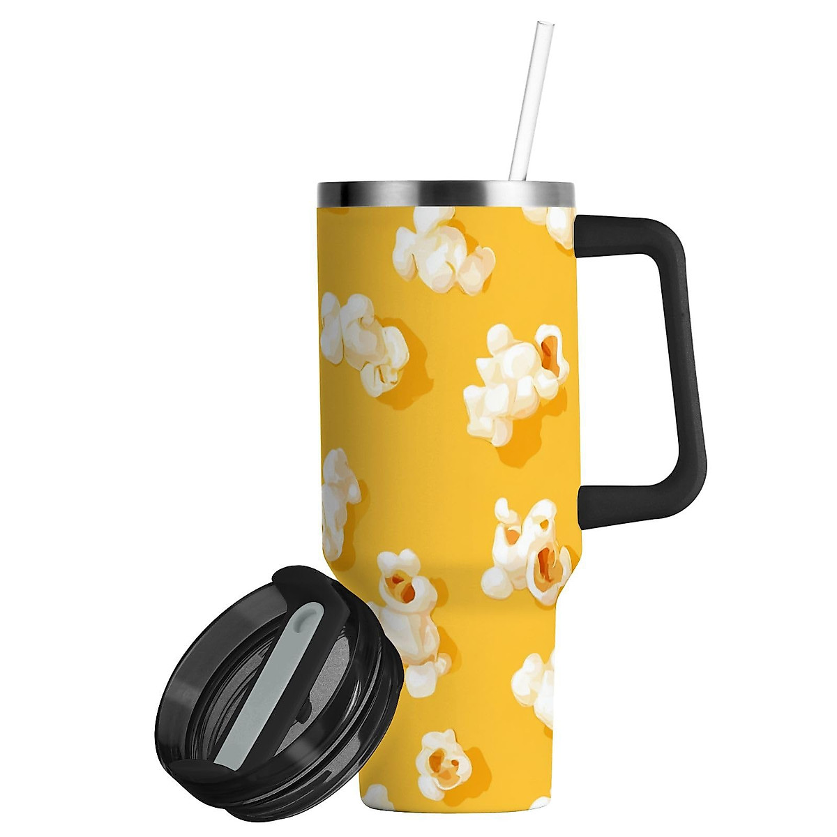 Selerdon 40 oz Tumbler Yellow Popcorn with Handle and Straw Lid Vacuum Stainless Steel Insulated Water Bottle Travel Mug Car Cup Holder Friendly BPA Free for Gym Travel Office