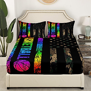 Basketball Boys Bedding Set Twin Size,Ball Sports Games Rainbow Stripes Fitted Sheet for Kids Boys Bedroom,Green Camo Stars American Flag Microfiber Soft Bed Cover,1 Pillow Case