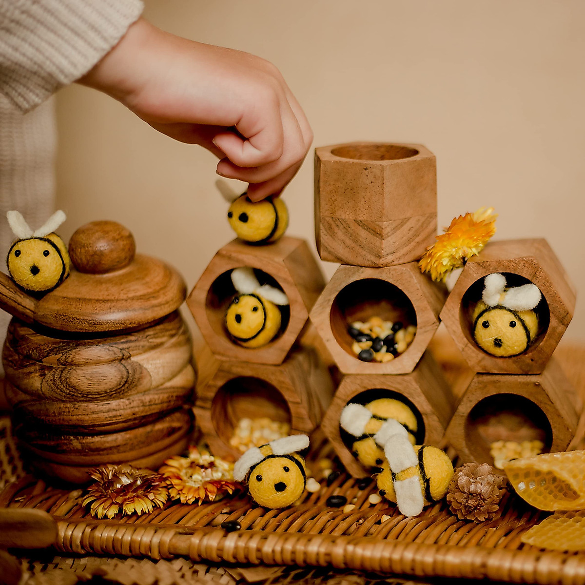 KOOKAROO Wooden Bee Hive Sorting & Stacking Toys for Toddlers -Learning Montessori Toys for 3 Year Old - Fine Motor Skill Tactile Toys - Sensory Bin Toys