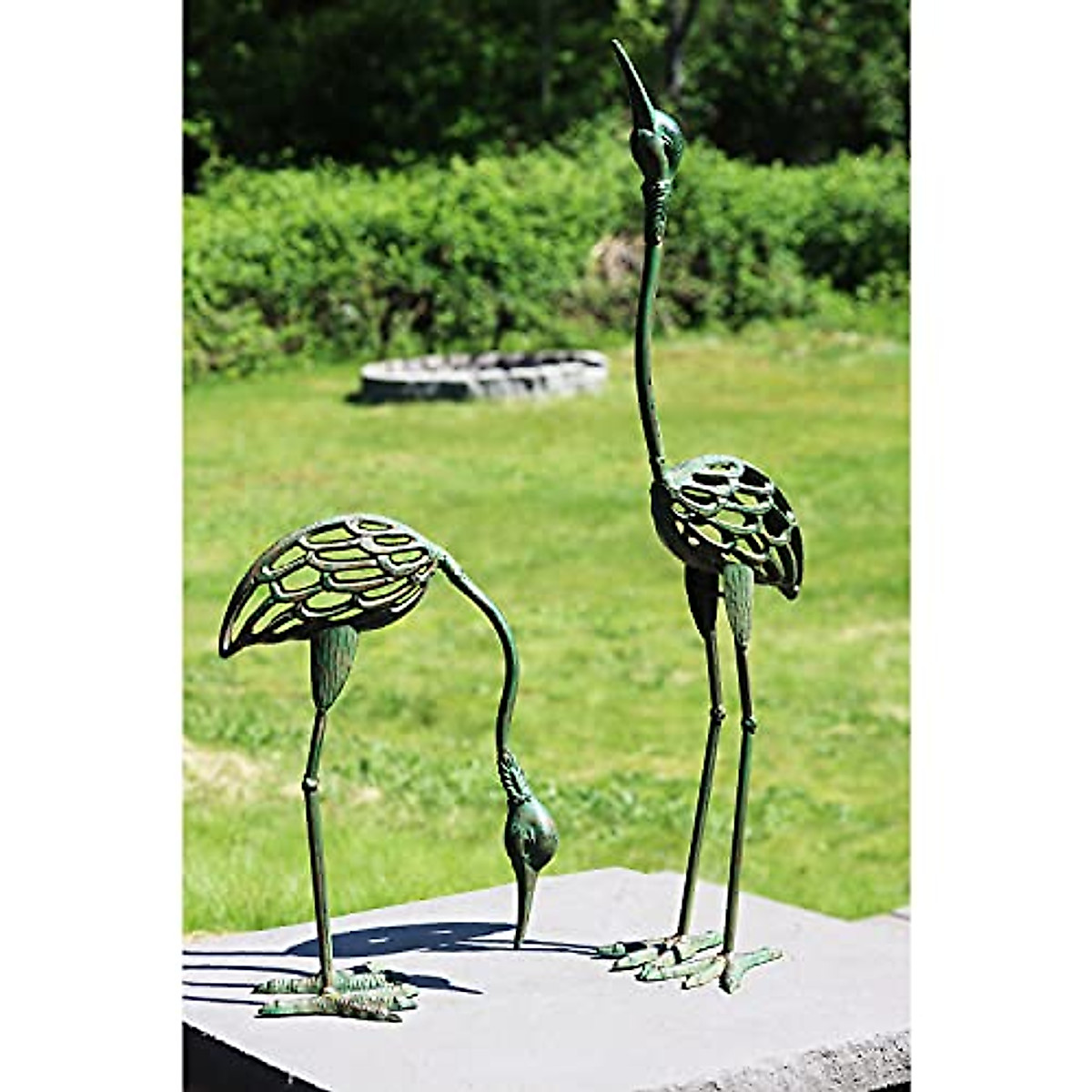 Seraphic Cast Iron Garden Decor Crane Bird Statues, Antique Green, Set of 2
