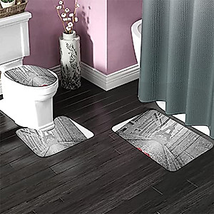 WONDERTIFY Red Umbrella Eiffel Tower Bathroom Antiskid Pad Paris France Rainy Street 3 Pieces Bathroom Rugs Set, Bath Mat+Contour+Toilet Lid Cover Black White