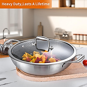 DELARLO Wok Pan With Lid 12 Inch, Oven Safe Up to 600℉,Woks & Stir-Fry Pans Nonstick,Tri-Ply Stainless Steel Wok, Non Stick Wok, 5QT Nonstick Deep Frying Pan, Induction Saute Pan With Lid