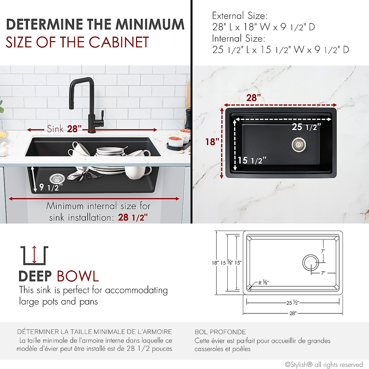 STYLISH 28 x 18 inch Workstation Dual Mount Granite Composite Single Bowl Reversible Kitchen Sink with Regular Strainer, Colander, Drying Rack and Cutting Board (Black) S-828WN