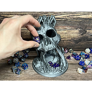 MunnyGrubbers - 6.5" Skull Dice Tower - (Random 7PCS D20 Dice Set Included) - No Paint Odorless Plastic - Tabletop Roleplaying Game - Dice Roller - Dungeons and Dragons - DND - D&D - (Silver)