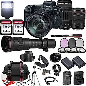 Canon EOS R Mirrorless Camera w/RF 24-105mm f/4 L is USM Lens + EF 75-300mm f/4-5.6 III Lens + 420-800mm f/8.3 HD Telephoto Lens + 2X 64GB Memory + Hood + Case + Filters + Tripod + More (33pc Bundle)