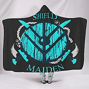 Festhad Norse Viking Shield Crossed Swords Maiden Totem Print Hooded Blankets Tribal Winter Hooded Throw Poncho Adults Napping White 50x60 inch