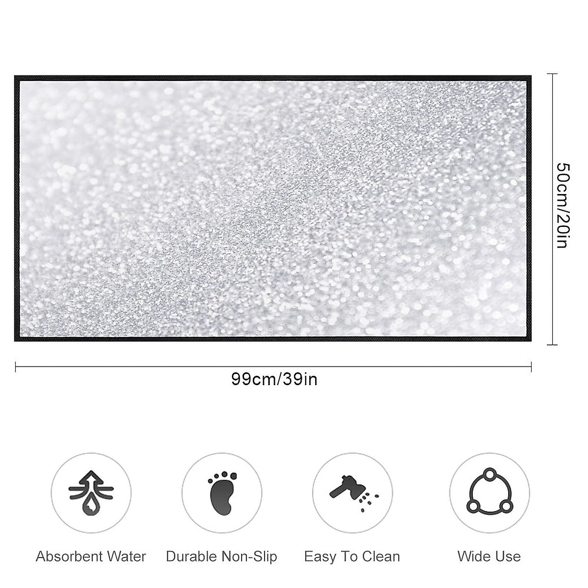 TsyTma Silver Glitter Bling Kitchen Rug Non-Slip Decor Absorbent Kitchen Floor Mat Bathroom Rug Waterproof Runner Rug 39"x20"