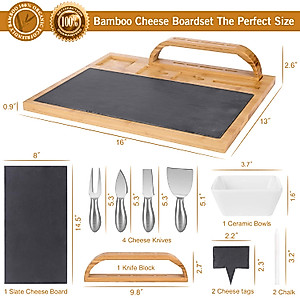 MH Zone Bamboo Cheese Board Set Cheese Plate Cheese Tray (Upgrade Type 16" x 13") Charcuterie Board with 4 Stainless Steel Knife 1 Ceramic Dish, 2 Slate Labels and Markers