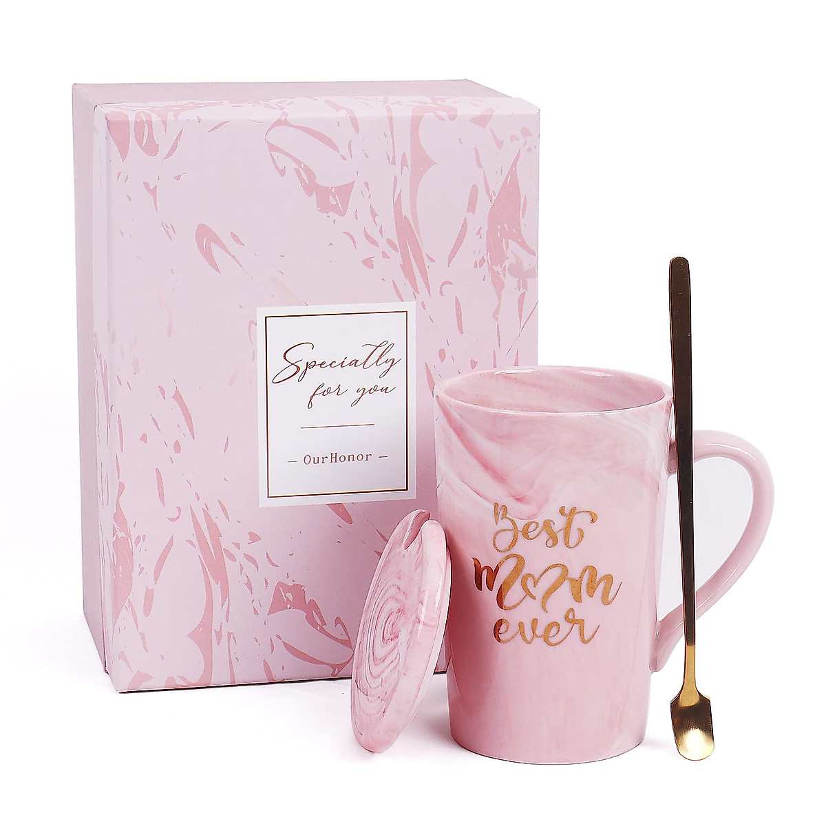 WeBingo Mom Coffee Mug, Best Mom Ever Mug, 16 Oz Coffee Cup With Exquisite Box Packing Spoon, Pink Ceramic Marble Mothers Funny Ideas Mug, Pregnancy Birthday Valentine Christmas Gift