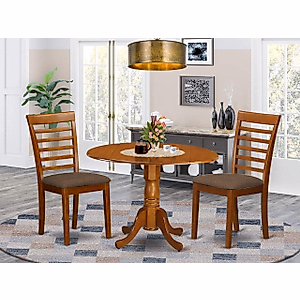 East West Furniture DLML3-SBR-C 3 Piece Set Contains a Round Dining Room Table with Dropleaf and 2 Linen Fabric Upholstered Kitchen Chairs, 42x42 Inch, Saddle Brown