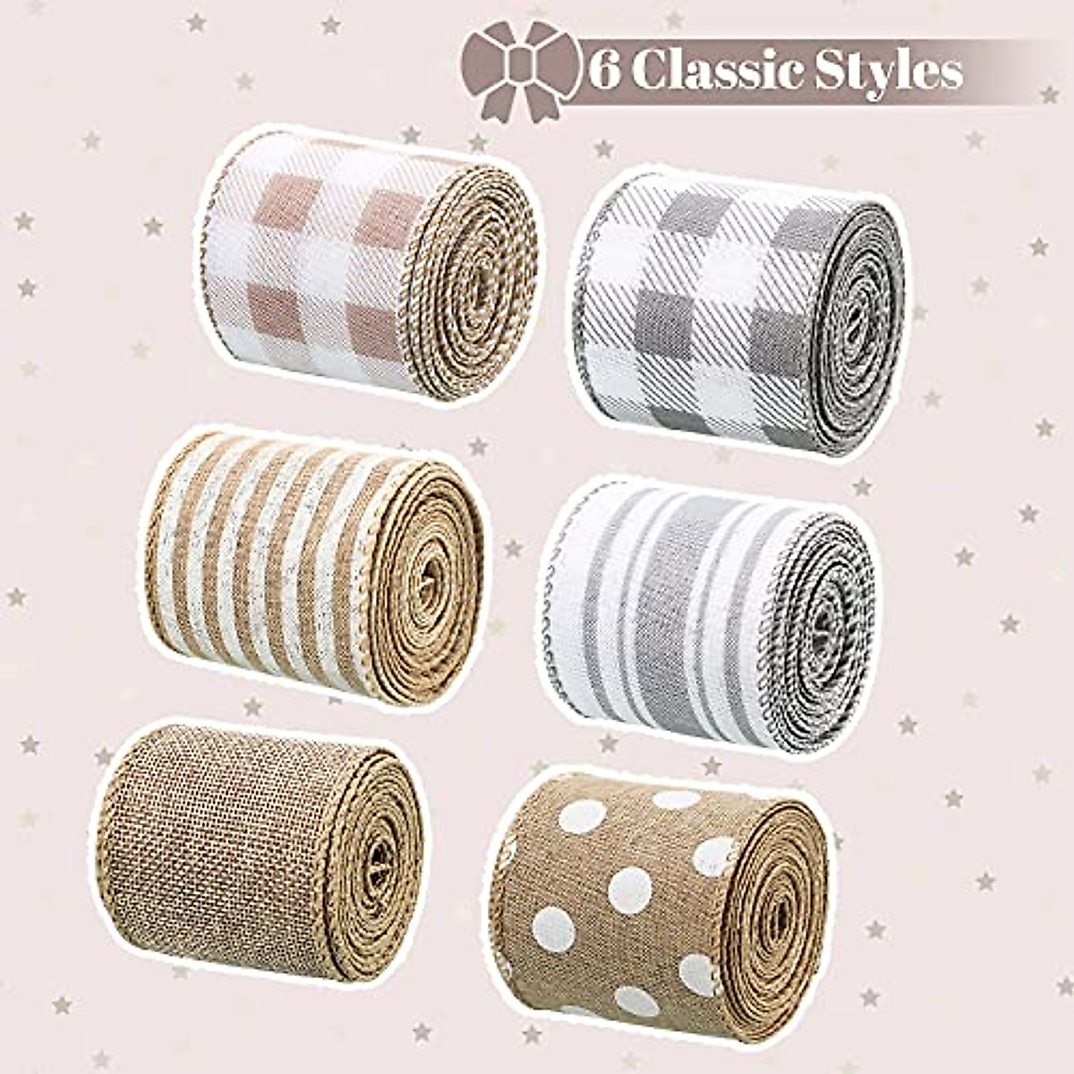 6 Rolls 30 Yards Christmas Buffalo Plaid Ribbon Wired Edge Ribbons Burlap Ribbon White Plaid Stripe Gray Ribbon for Christmas party supplies DIY Wrapping Wreath Bow Craft Decor, 2.5 Inch(Fresh)