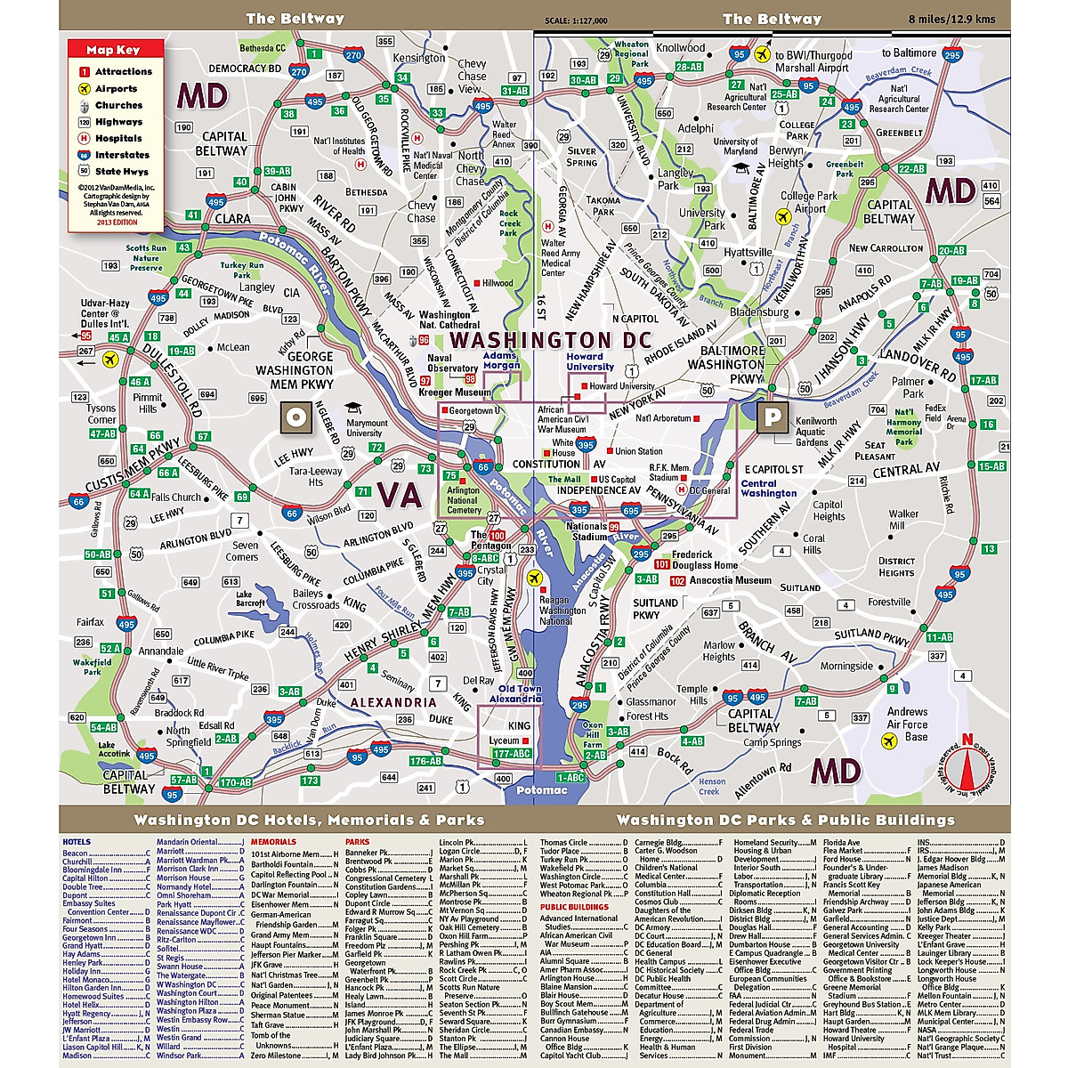 StreetSmart Washington DC by VanDam -- Laminated City Street pocket map with all museums, sights, monuments, government buildings and hotels plus Metro Map, 2021 Edition Map