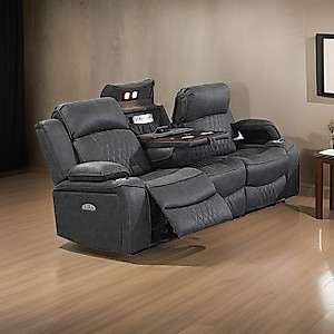 Benjara Seda 80 Inch Power Reclining Sofa, USB Port, Vegan Faux Leather, Charcoal Gray