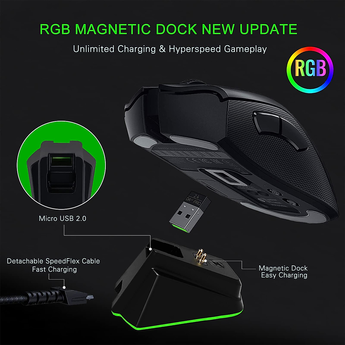Mouse Charging Dock for Razer Wireless Mouse Viper Ultimate Naga pro DeathAdder V2 Pro and Basilisk Ultimate Magnetic Charging RGB Lights Status Indicator Gecko Feet (RGB)