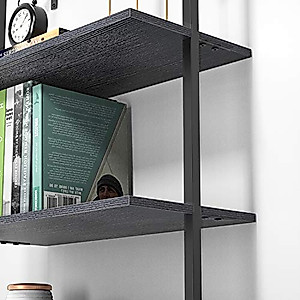 UVII Ladder Shelf Bookshelf, 5-Tier Industrial Bookshelf with Metal Frame and Wood Board, Wall Mounted Bookcase Open Shelf Organizer for Home Office, Bedroom and Living Room, Black Walnut