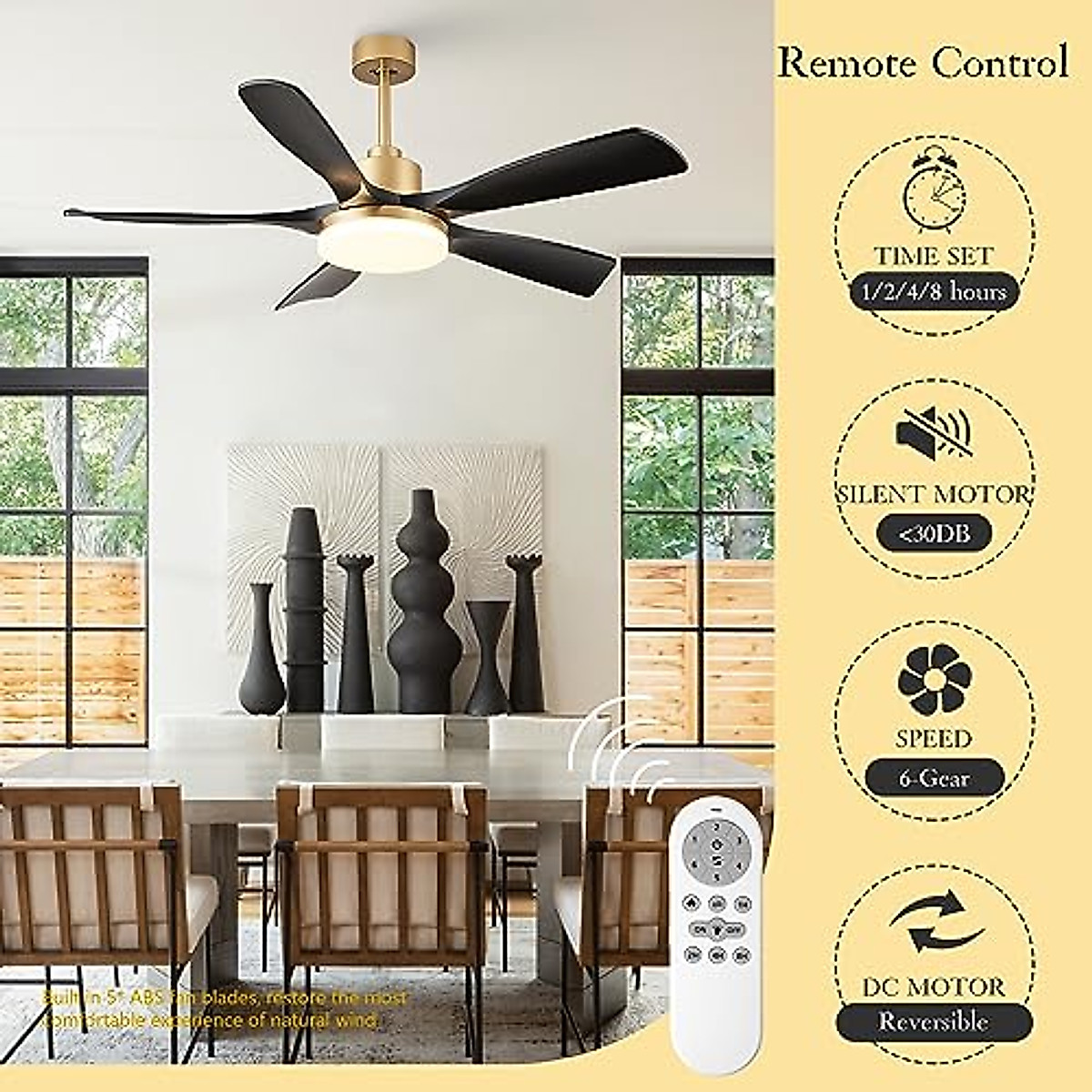 Ceiling Fan with Light 60 Inches Black and Gold, Modern Ceiling Fan with Remote Control, Flush Mount Large Ceiling Fan with LED Lights 5 Blades 6 Speed Reversible DC Motor for Bedroom Dining Room